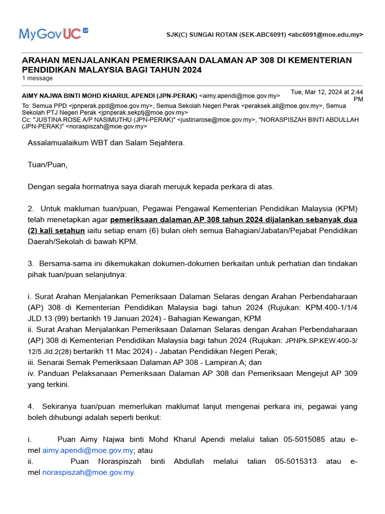 Arahan Menjalankan Pemeriksaan Dalaman AP 308 di Kem Pend Msia Bagi Thn ...