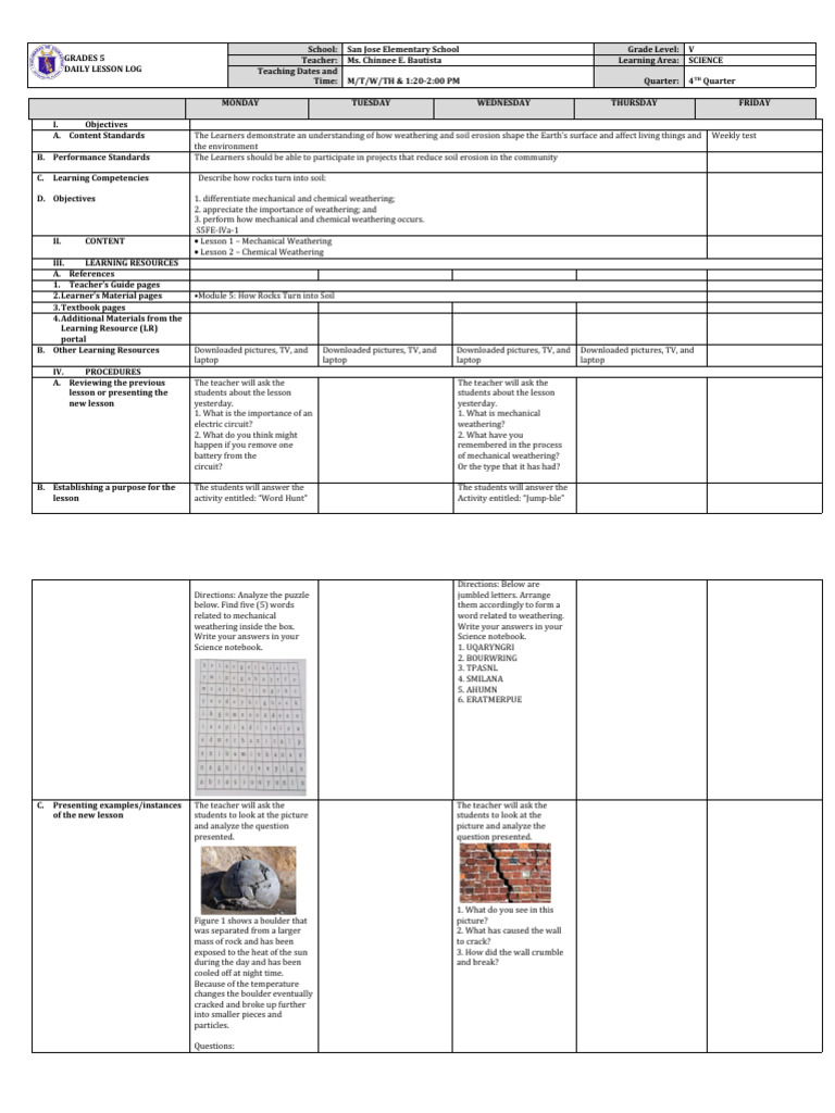Grade 5 DLL SCIENCE 5 Q4 Week 1 | PDF | Rock (Geology) | Weathering