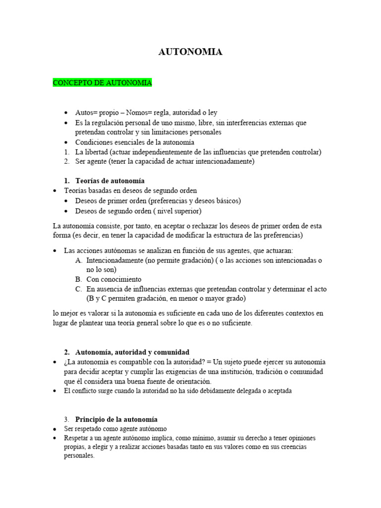 Apuntes de Autonomia Del Libro Principios de Etica Biomedica | PDF ...