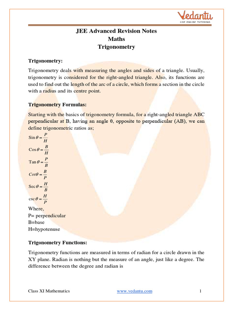 JEE Advanced 2023 Revision Notes For Trigonometry - Free PDF Download ...
