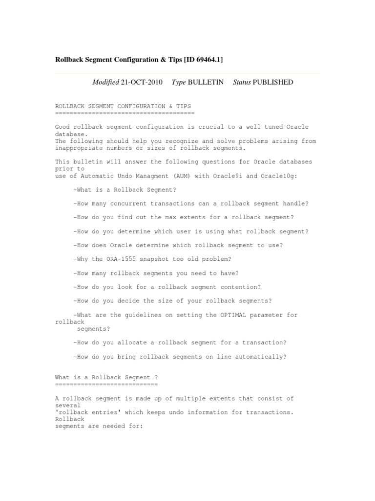 Rollback Segs Tuning | PDF | Database Transaction | Oracle Database