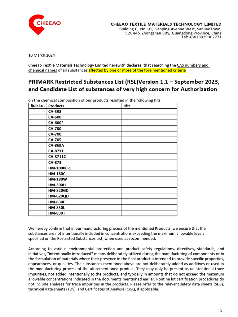 Primark RSL | PDF | Chemical Substances | Physical Sciences