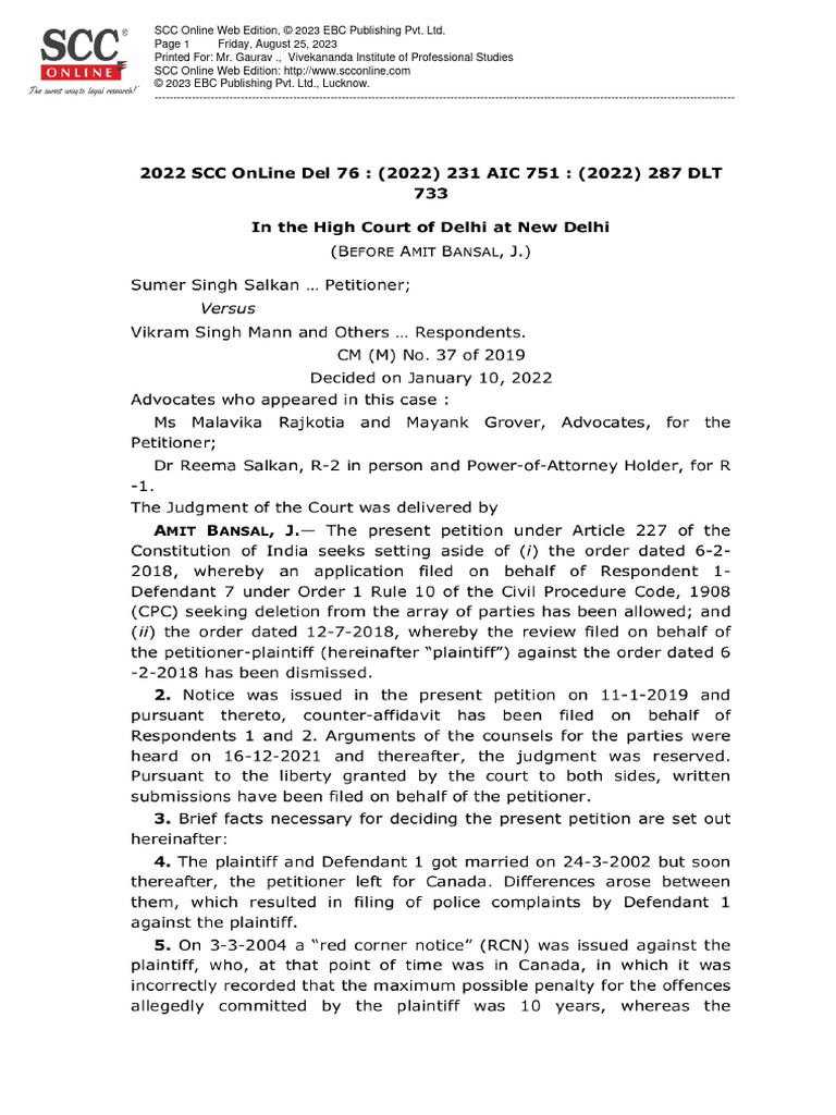 Sumer Singh Salkan v. Vikram Singh Mann and Ors 2022 SCC Online Del 76 | PDF
