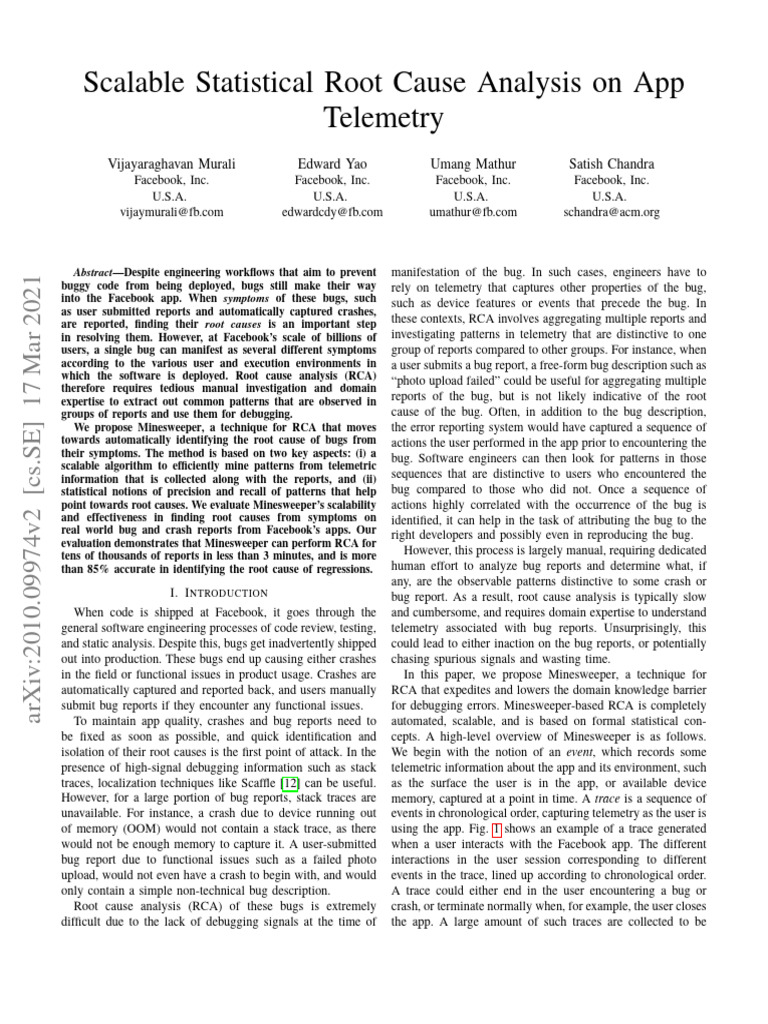 Scalable Statistical Root Cause Analysis On App Pdf Software Bug Facebook