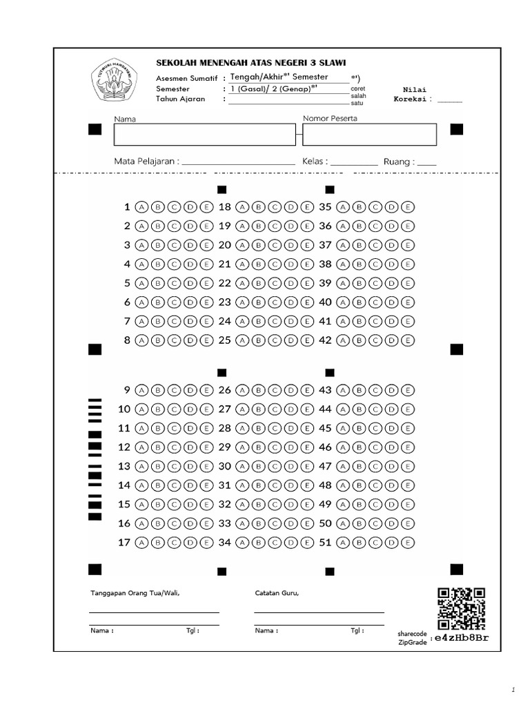 Lembar Jawab (LJK) Asesmen ZIPGrade | PDF