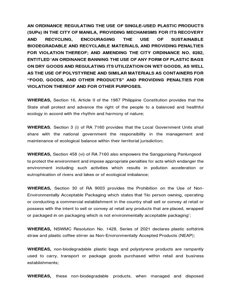 Manila Single-Use Plastic Regulation | PDF | Reuse | Biodegradation