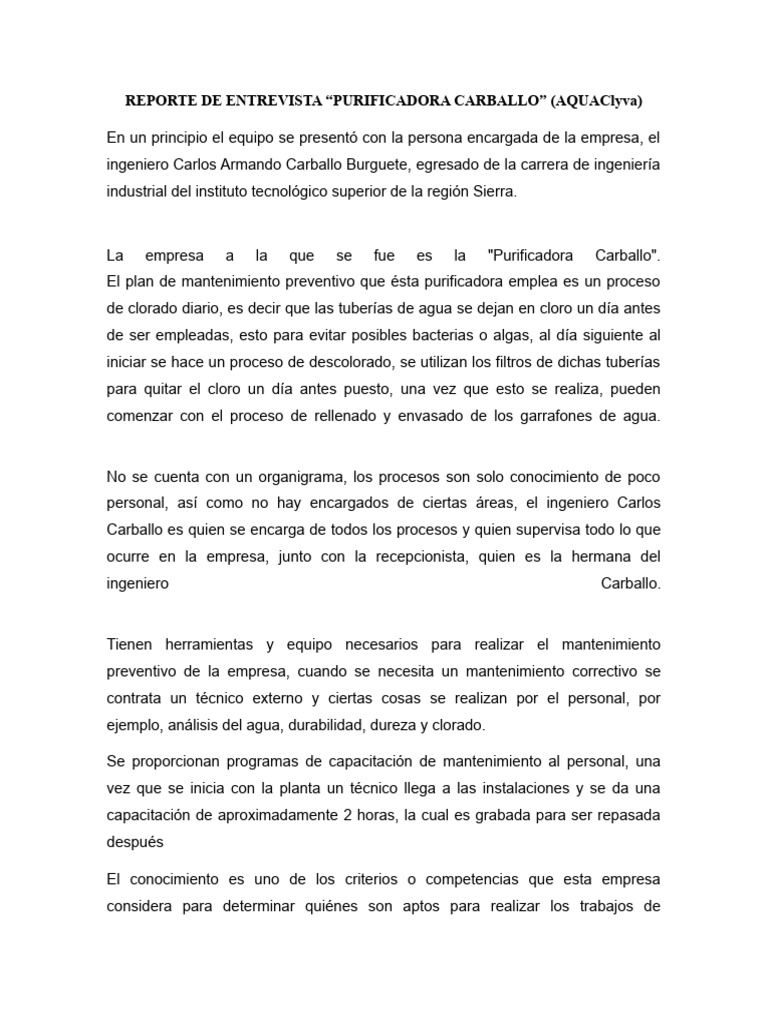 Reporte De Entrevista Descargar Gratis Pdf Agua Business
