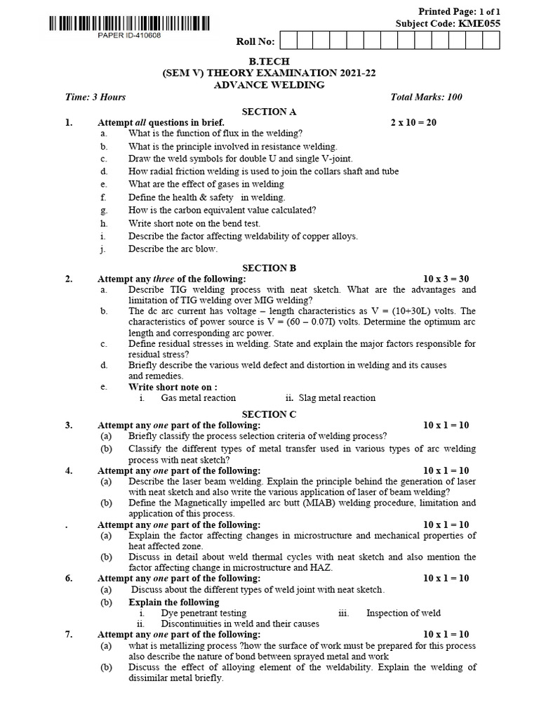 Btech Me 5 Sem Advanced Welding Kme055 2022 | PDF
