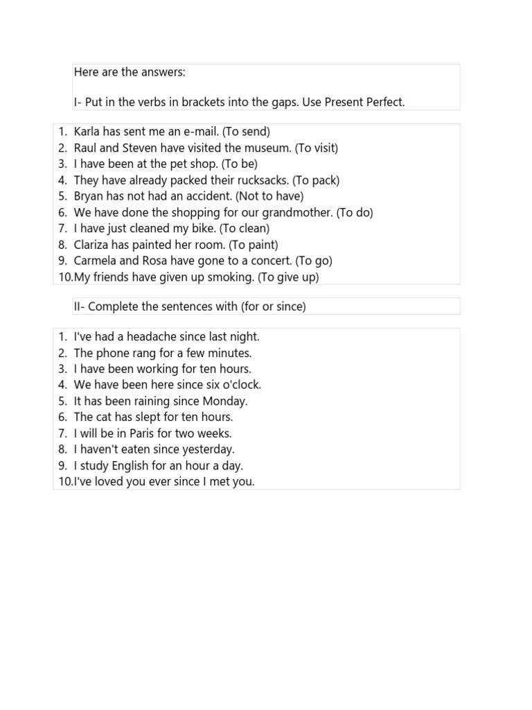 Present Perfect and Sentence Structure Exercises | PDF | Language Arts ...