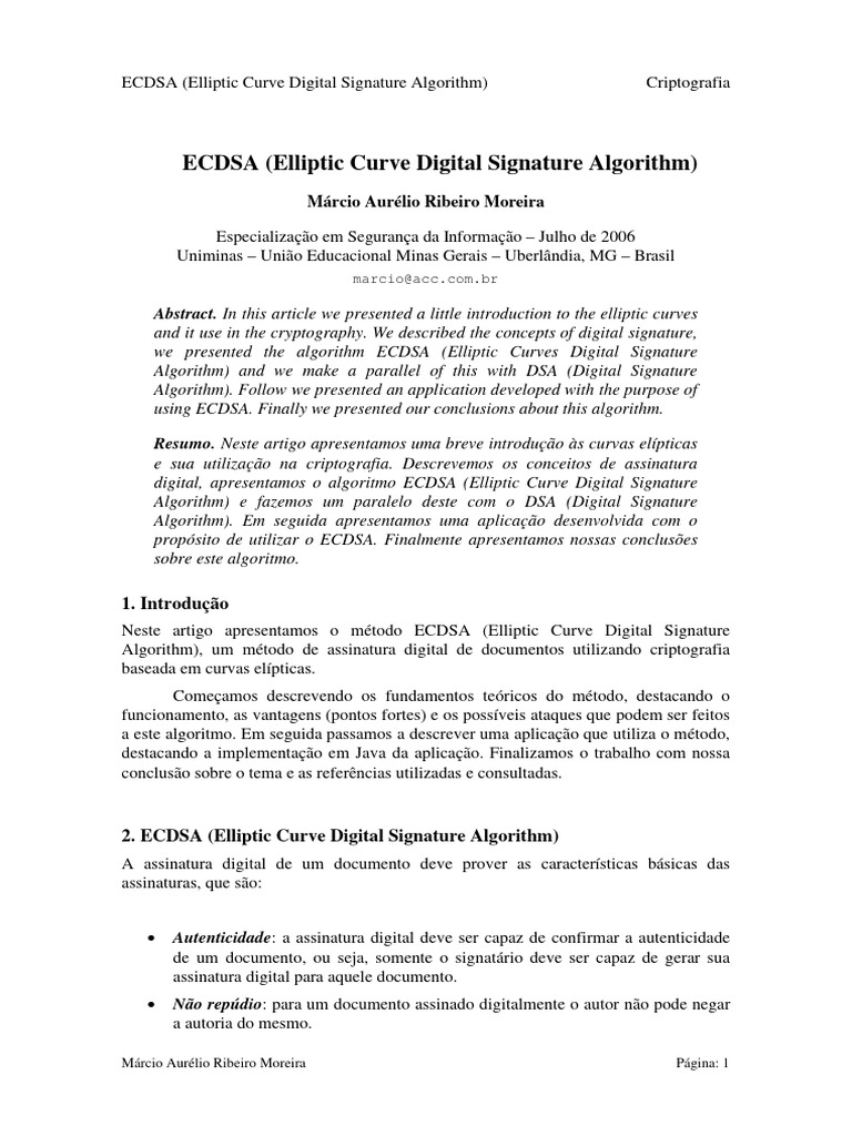 ECDSA (Elliptic Curve Digital Signature Algorithm) | PDF
