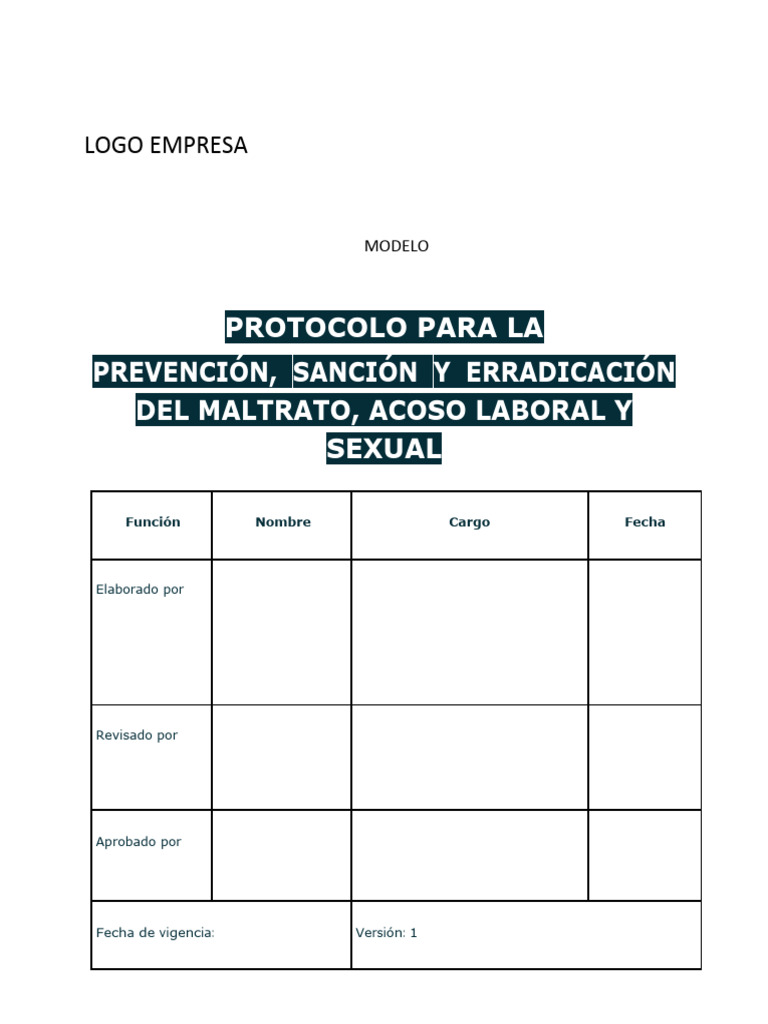 MODELO PROTOCOLO PARA LA PREVENCION, SANCION Y ERRADICACIoN DEL MALTRATO, ACOSO LABORAL Y SEXUAL ...
