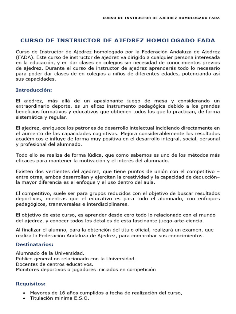 Informacion Curso Instructor Ajedrez FADA2 | PDF | Ajedrez | Juegos de ...