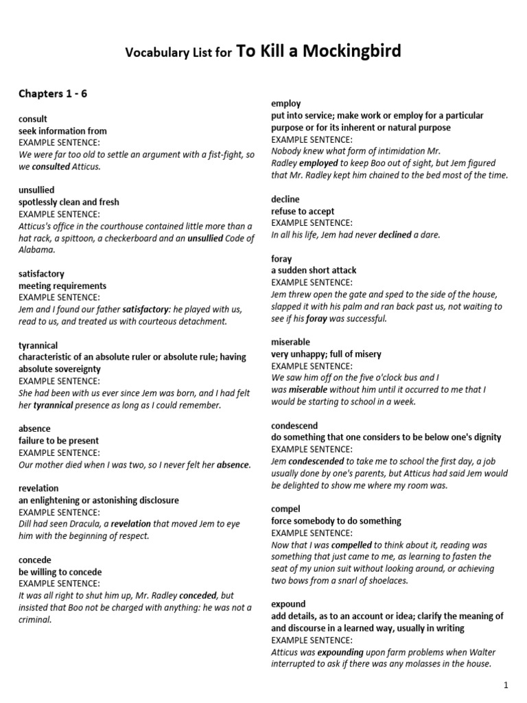 Vocabulary List | PDF | To Kill A Mockingbird