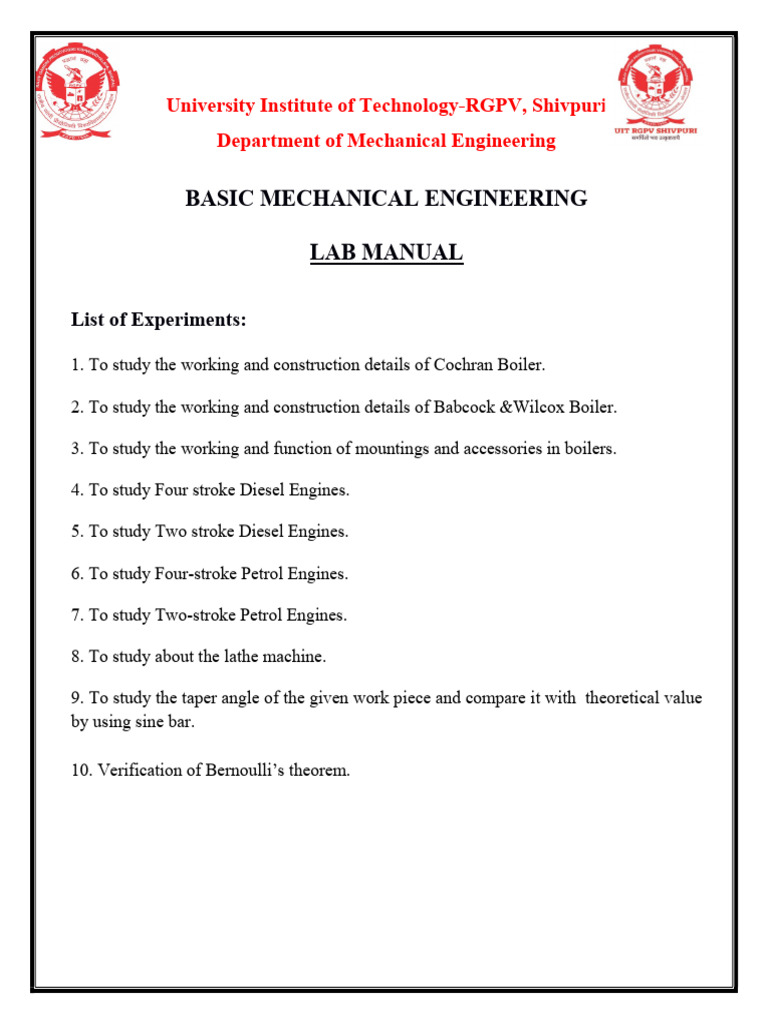 Bme - Lab Manual - Sit | PDF | Internal Combustion Engine | Diesel Engine