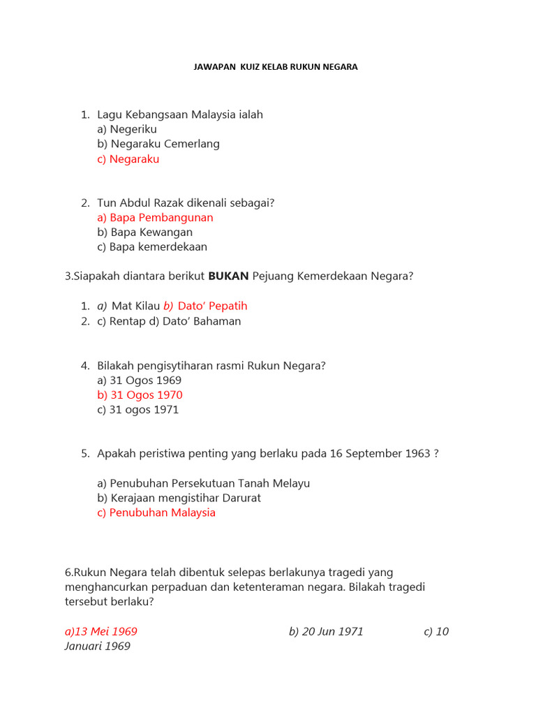 Jawapan Kuiz Kelab Rukun Negara | PDF