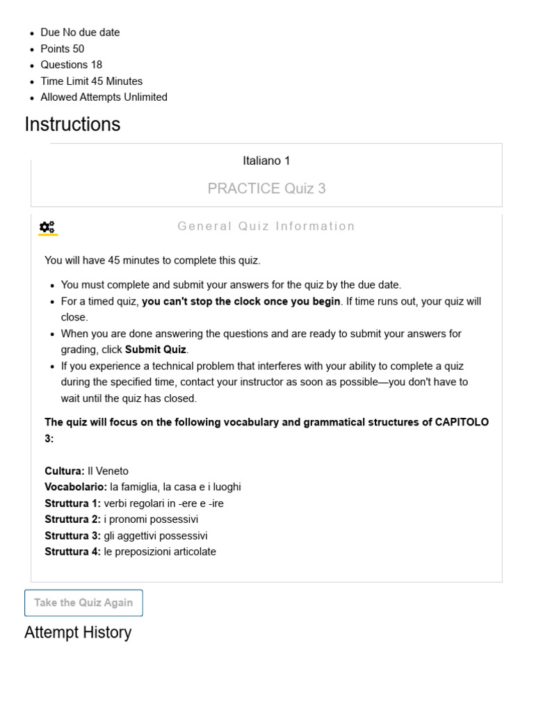 Practice Italiano 1 Quiz 3 Piazza 2e 24W ITALIAN 1 LEC 1 Elementary | PDF