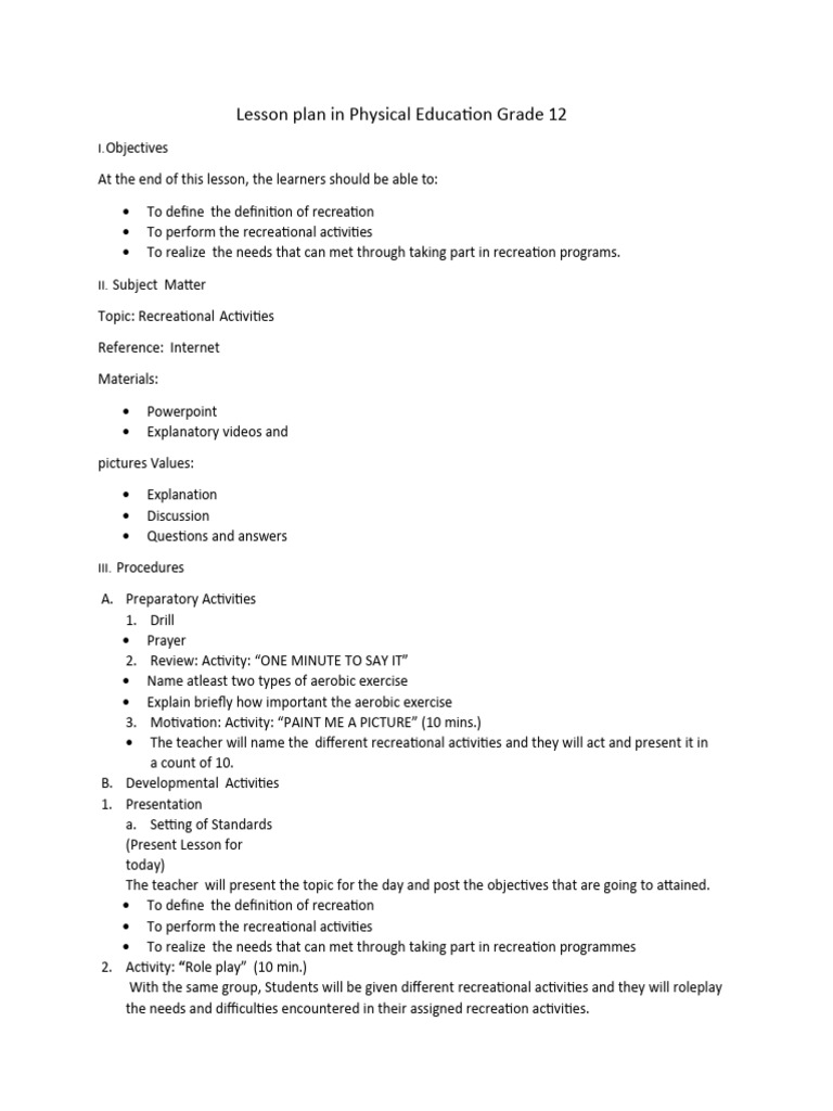 Lesson Plan in Physical Education Grade 12 | PDF | Recreation | Lesson Plan