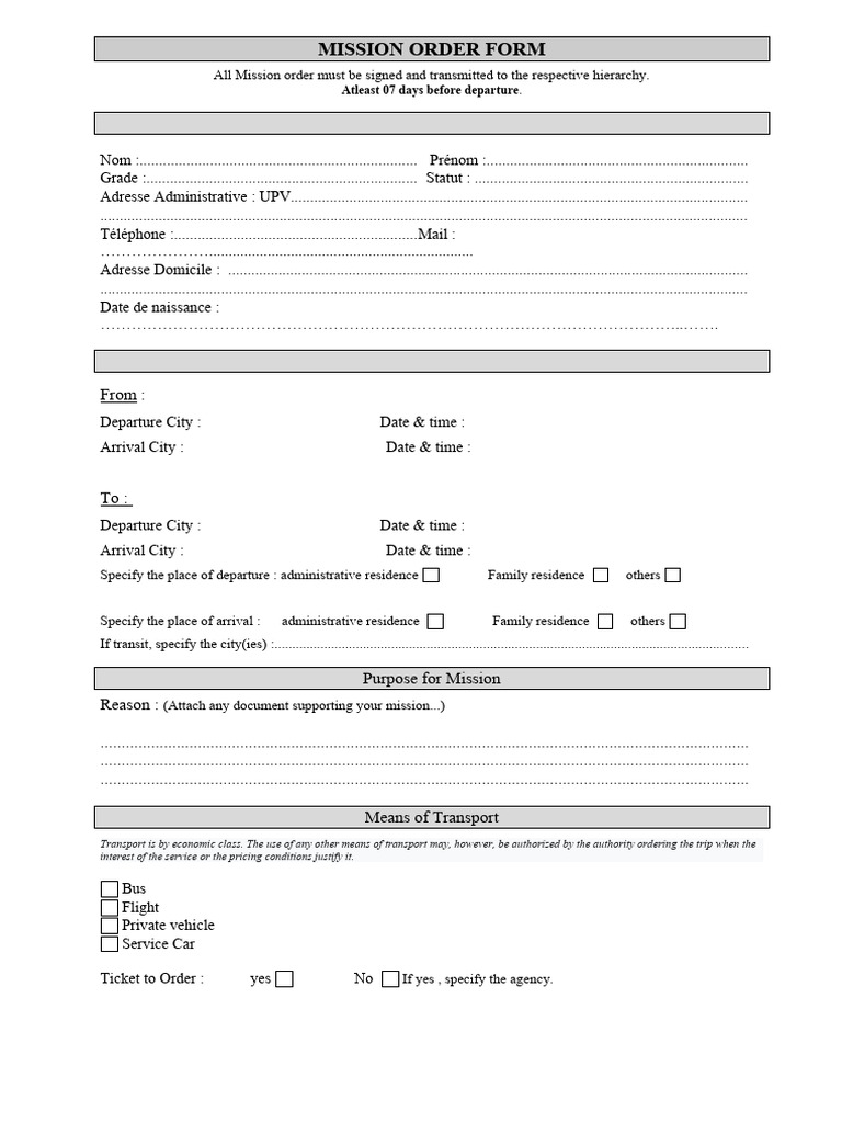 Mission Order Form Template | PDF | Vehicles | Transport