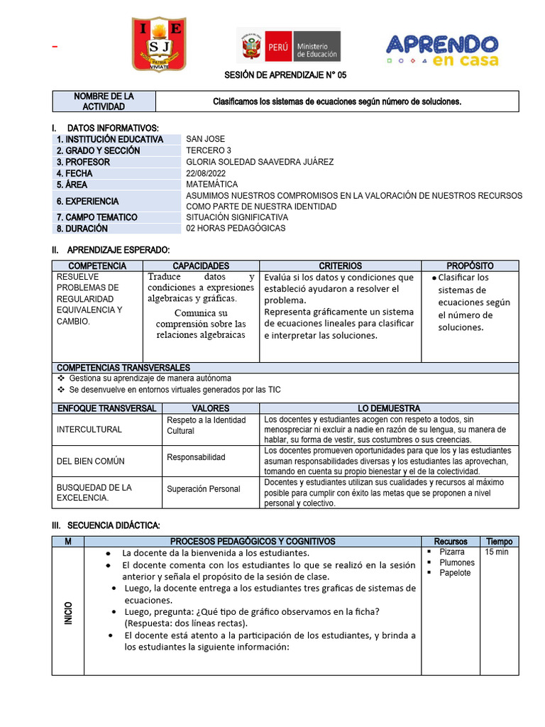 SESION DE APRENDIZAJE N° 05 IV EXPEREINCIA | PDF | Evaluación | Ecuaciones