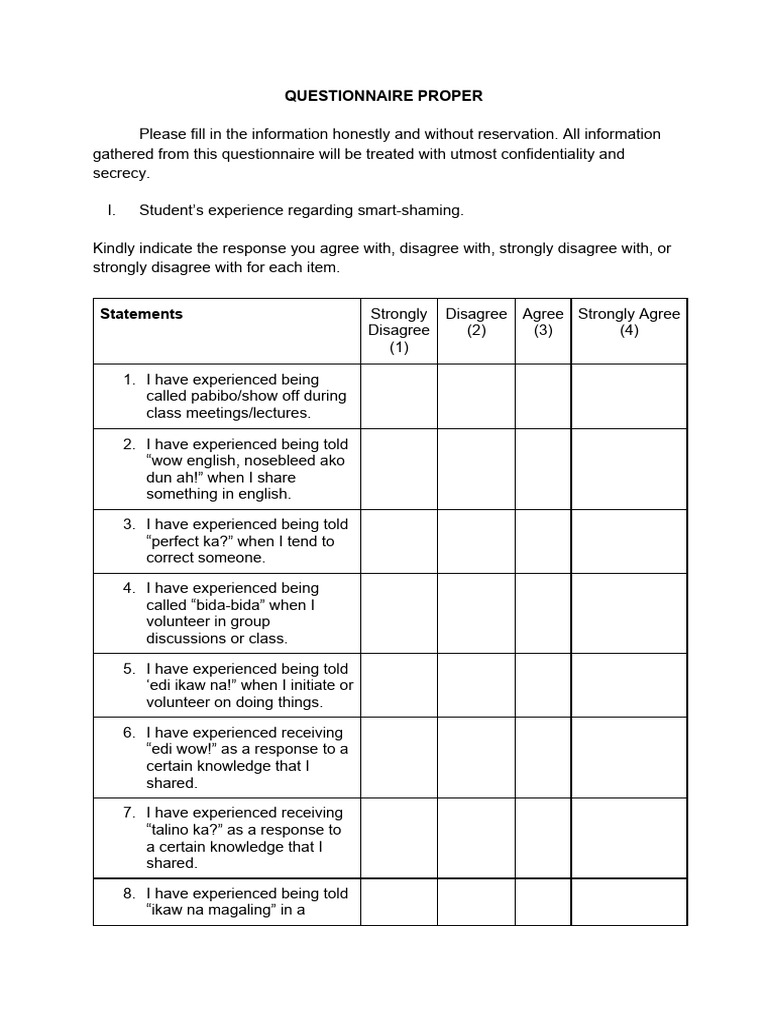 Research - Questionnaire Proper | PDF | Shame | Self Esteem