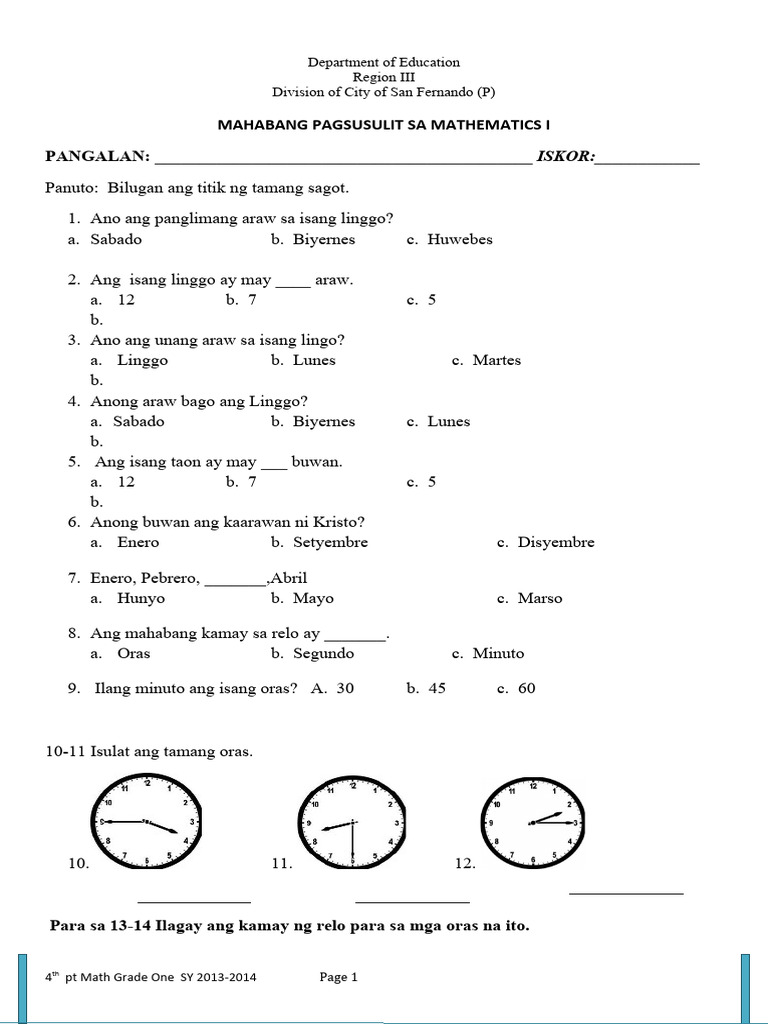 Math G-1 4th PT Tag | PDF