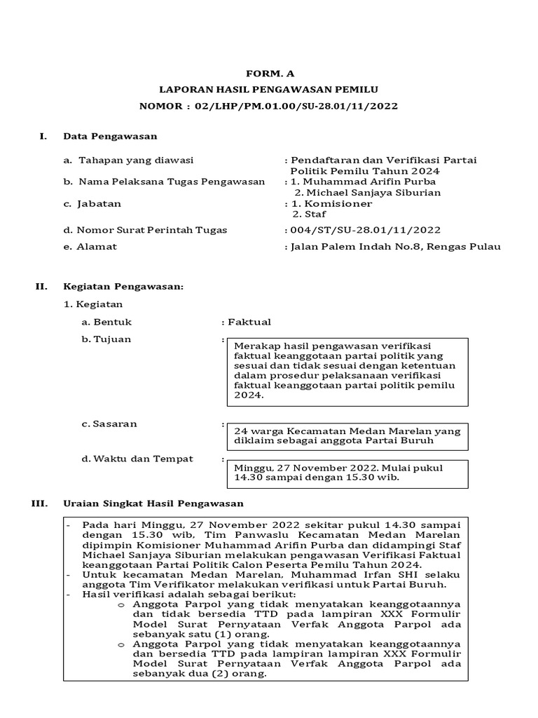 Contoh pengisian FORM A LHP yang tidak ada permasalahan | PDF