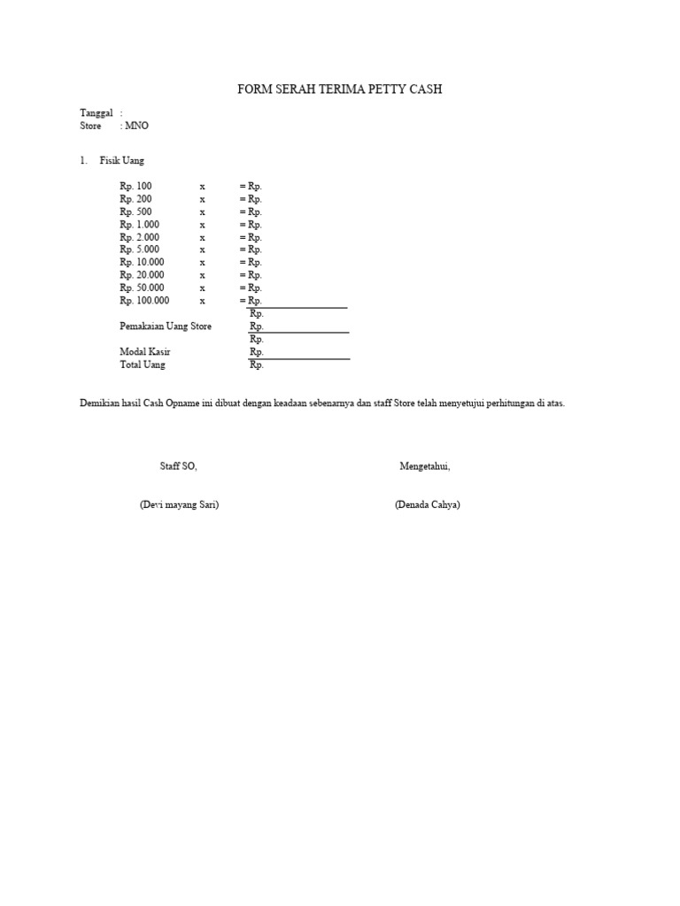 Form Serah Terima Petty Cash | PDF