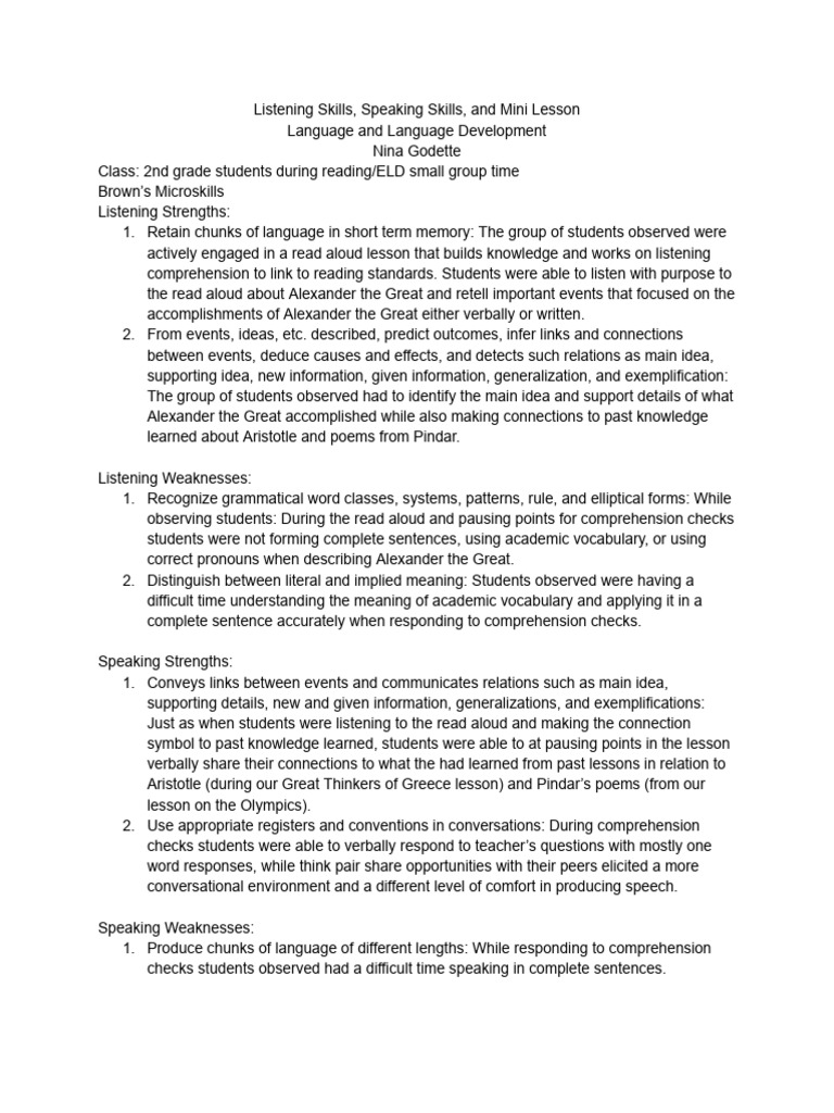 Listening Skills Speaking Skills and Mini Lesson | PDF | Reading ...