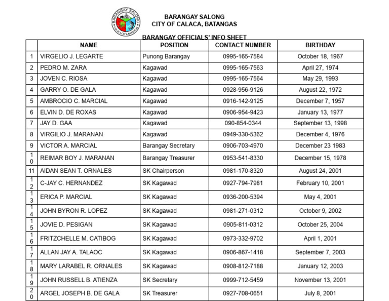Barangay Officials Info Sheet | PDF