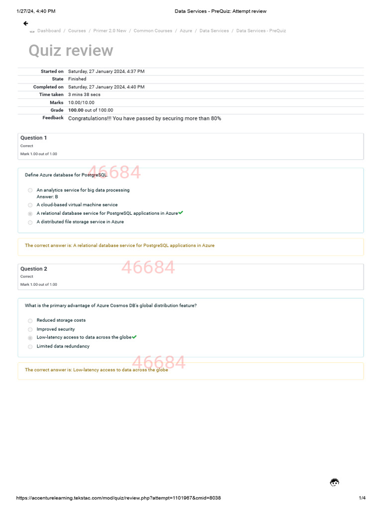 Data Services - PreQuiz_ Attempt review | PDF | Databases | Microsoft Azure