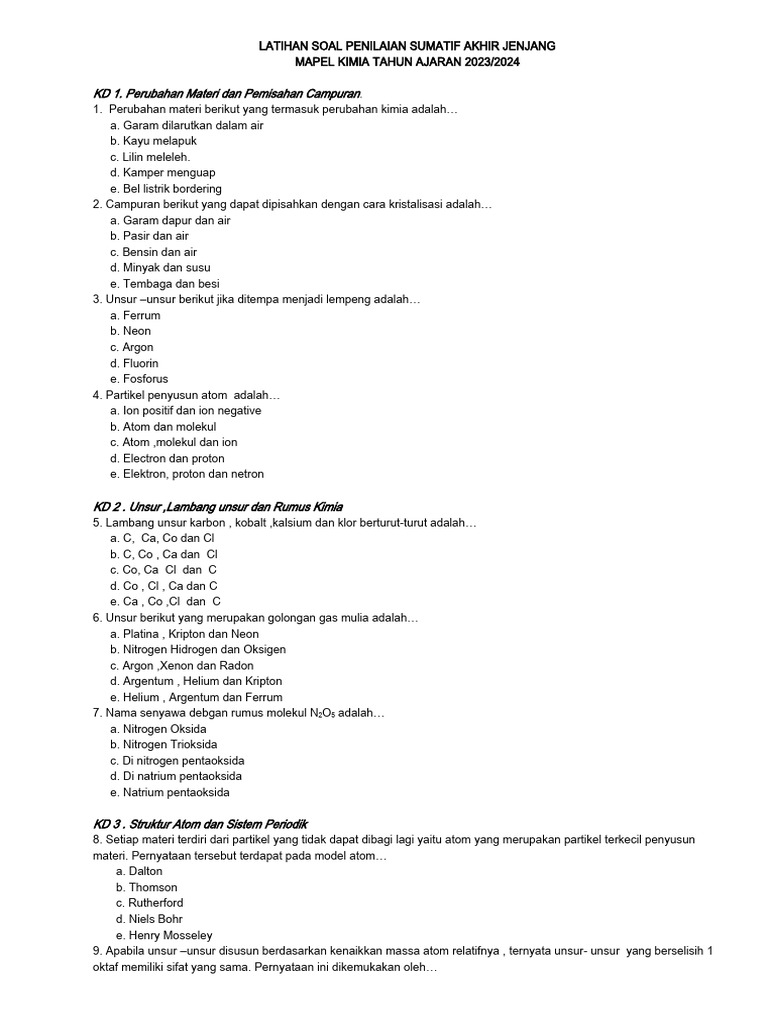 Latihan Soal Psaj Mapel Kimia 2023 - 2024 | PDF | Metode & Bahan Ajar