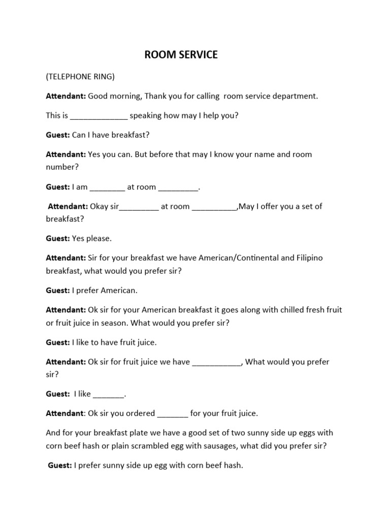 ROOM SERVICE Sample Script | PDF | Fruit Preserves | Foods