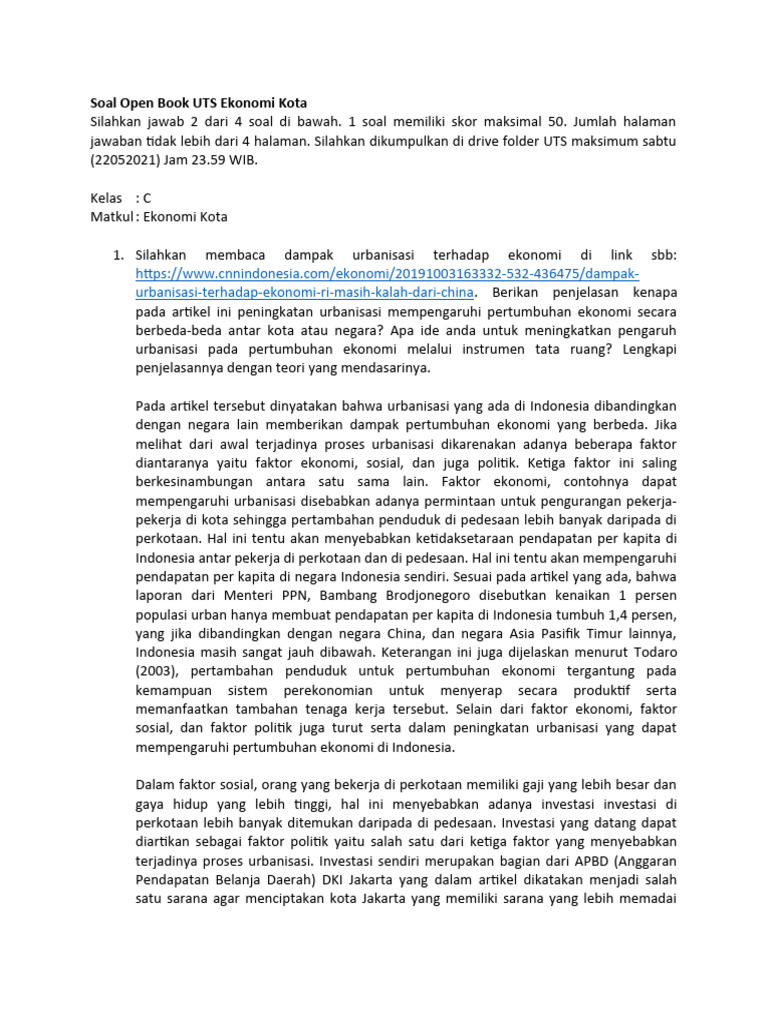 Soal Open Book UTS Ekonomi Kota Kelas C | PDF