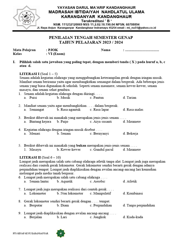 PTS Pjok KLS 6 SMT 2 2023.2024 | PDF