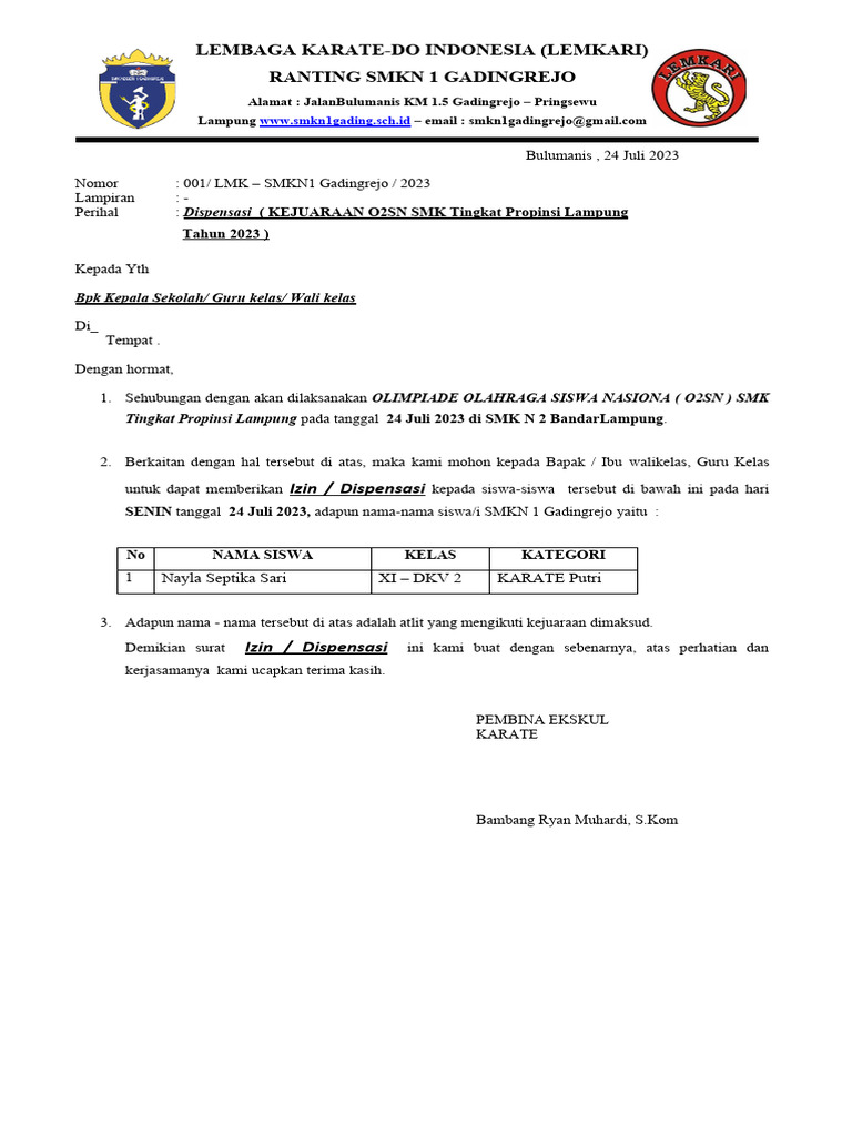 Surat Dispensasi Kejuaraan O2sn SMK 2023 | PDF