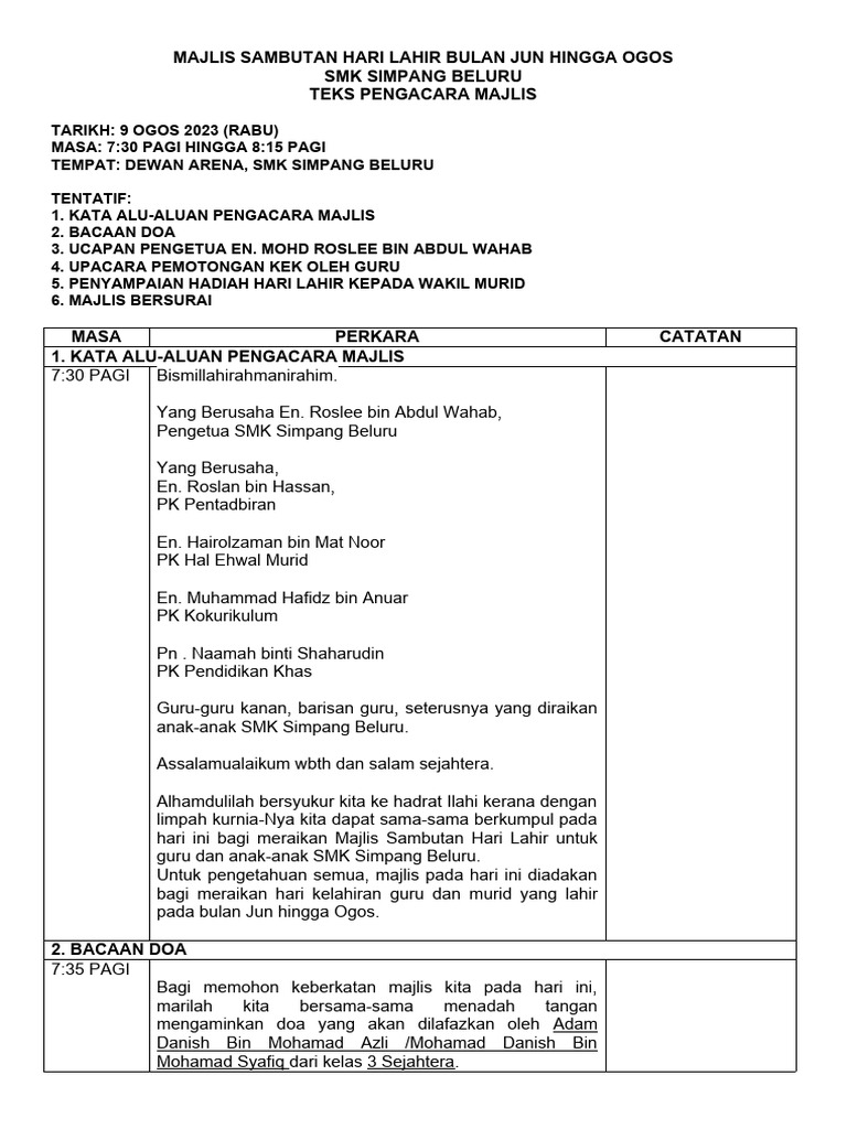 Sambutan Hari Lahir Jun-Ogos SMK Simpang Beluru | PDF