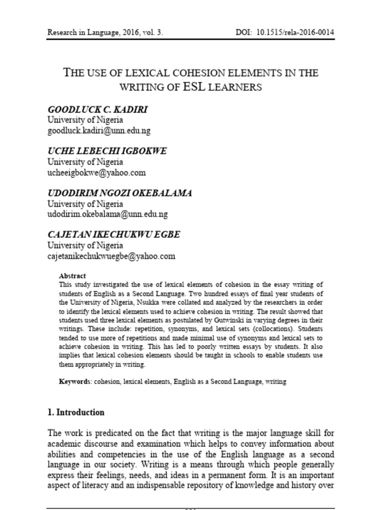 (20834616 - Research in Language) The Use of Lexical Cohesion Elements in The Writing of ESL ...