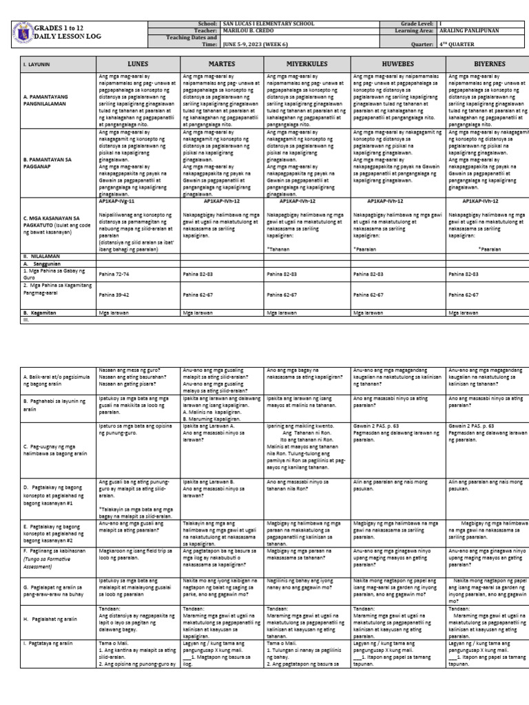 DLL - Araling Panlipunan 1 - Q4 - W6 | PDF