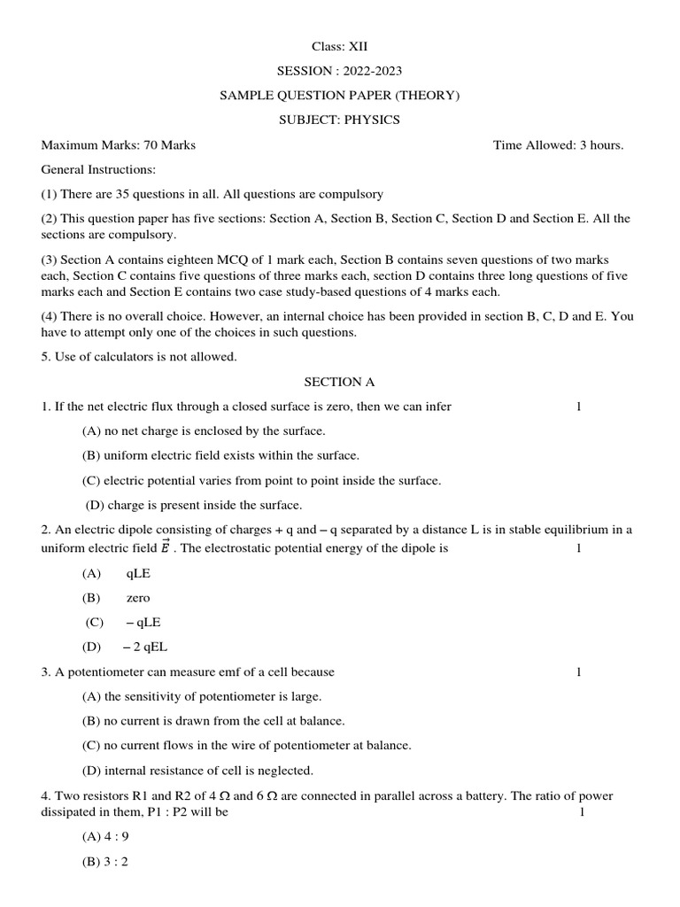 Model Question Paper 2022-23 Class Xii Physics | PDF | Electronvolt ...