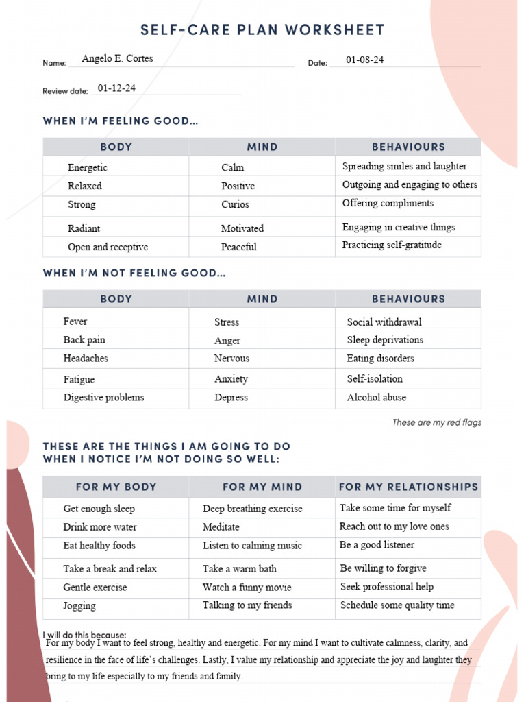 Comprehensive Self-Care Plan Guide | PDF | Meditation | Psychological ...