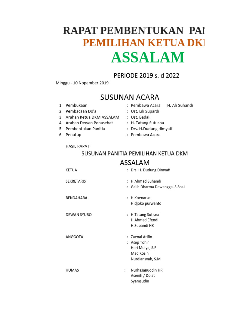 Pembentukan Panitia Pemilihan DKM Assalam 2019 | PDF