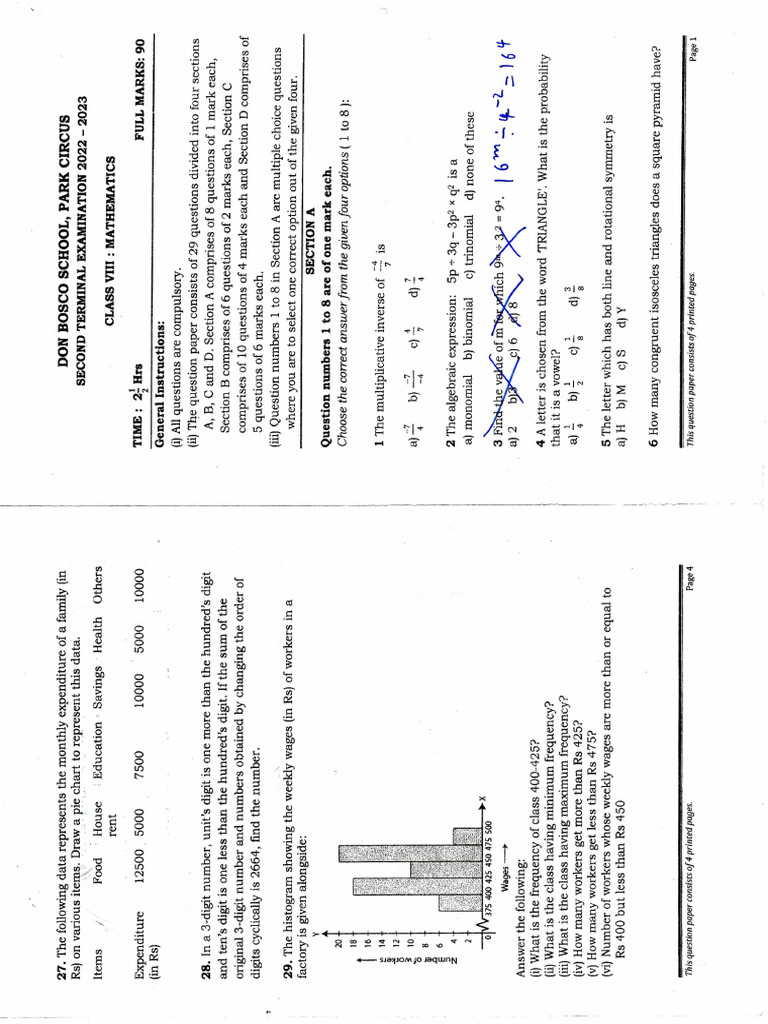 Don Bosco Park Circus Class 8 2nd Term Mathematics Paper 2022-23 | PDF