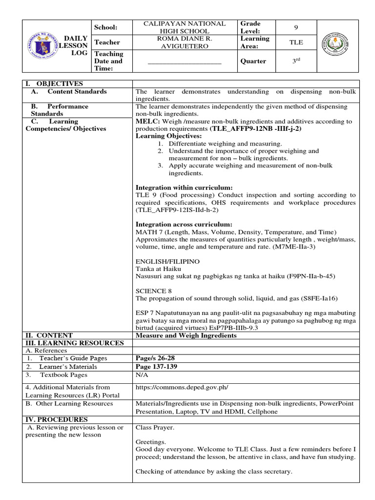 Q3 TLE 9 COT MEASURE AND WEIGh | PDF | Learning | Behavior Modification