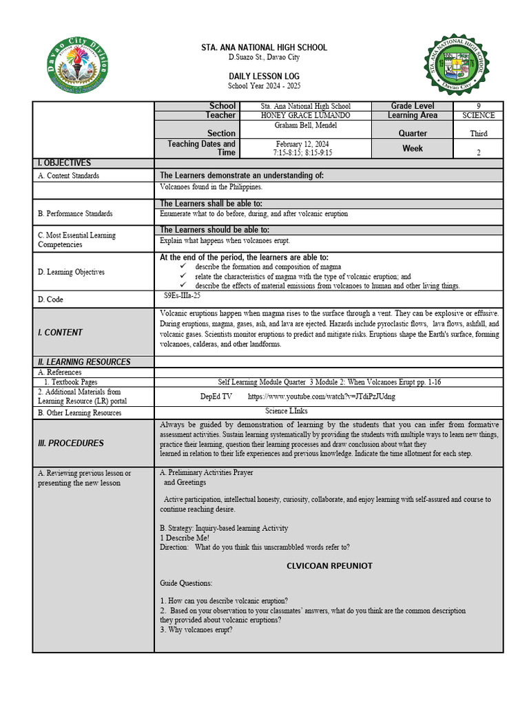 LESSON PLAN Sta. Ana Graham Bell and Mendel | PDF | Volcano | Types Of ...