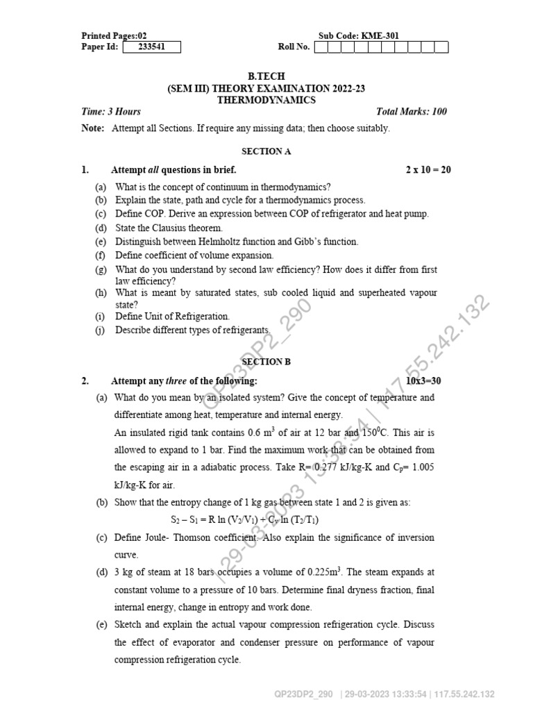 Btech Me 3 Sem Thermodynamics Kme 301 2023 | Download Free PDF | Heat ... Btech Me 3 Sem Thermodynamics Kme 301 2023 | Download Free PDF | Heat ...
