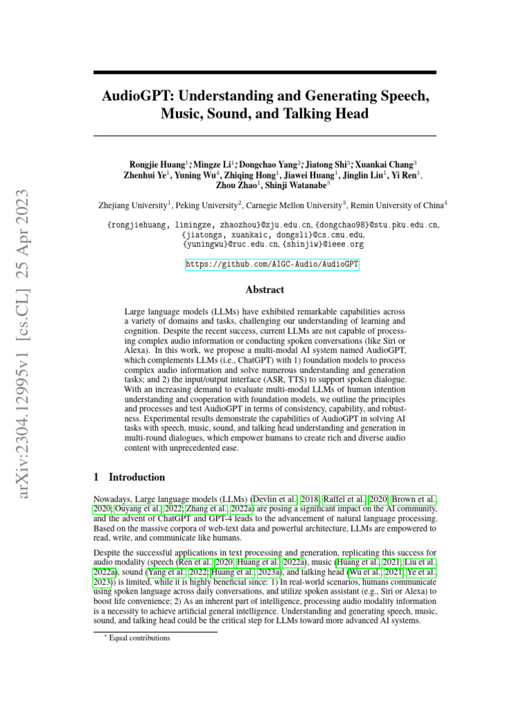 Audiogpt: Understanding and Generating Speech, Music, Sound, and Talking Head | PDF | Speech ...