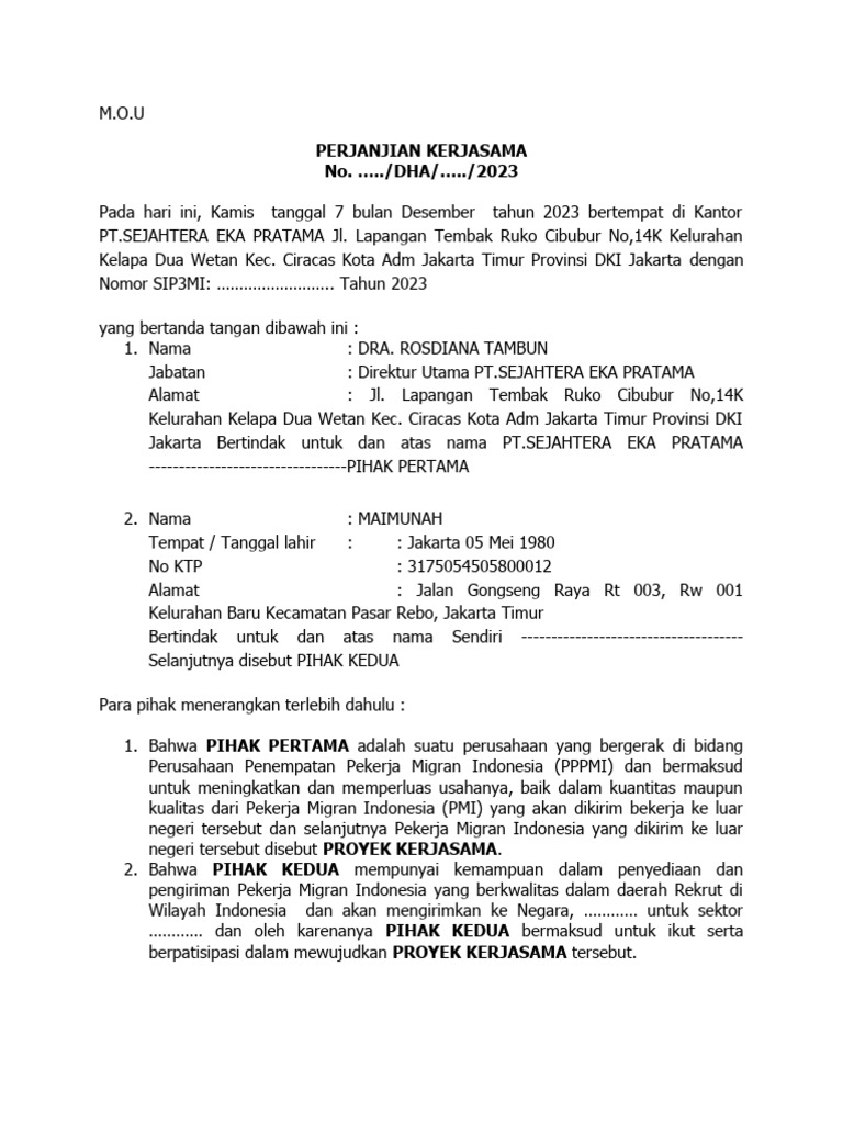 Mou Perjanjian Kerjasama Proses Penempatan P3mi Pdf