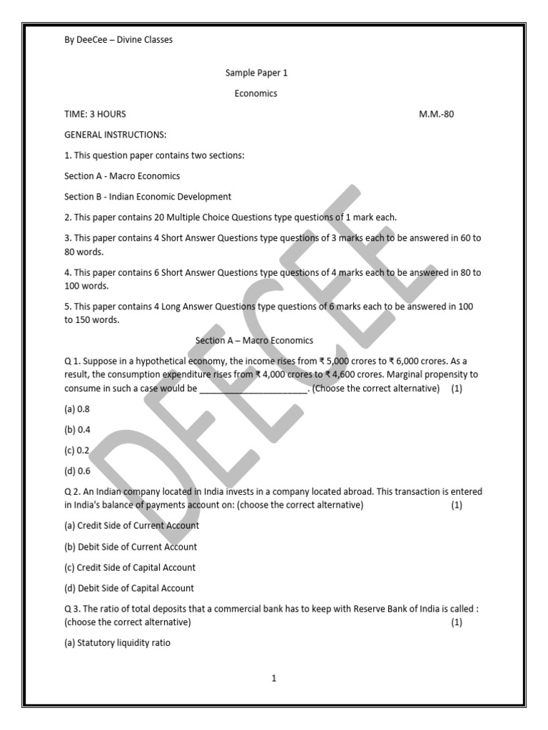 Class 12 Economics Sample Paper 2026 | PDF | Deposit Account | Taxes