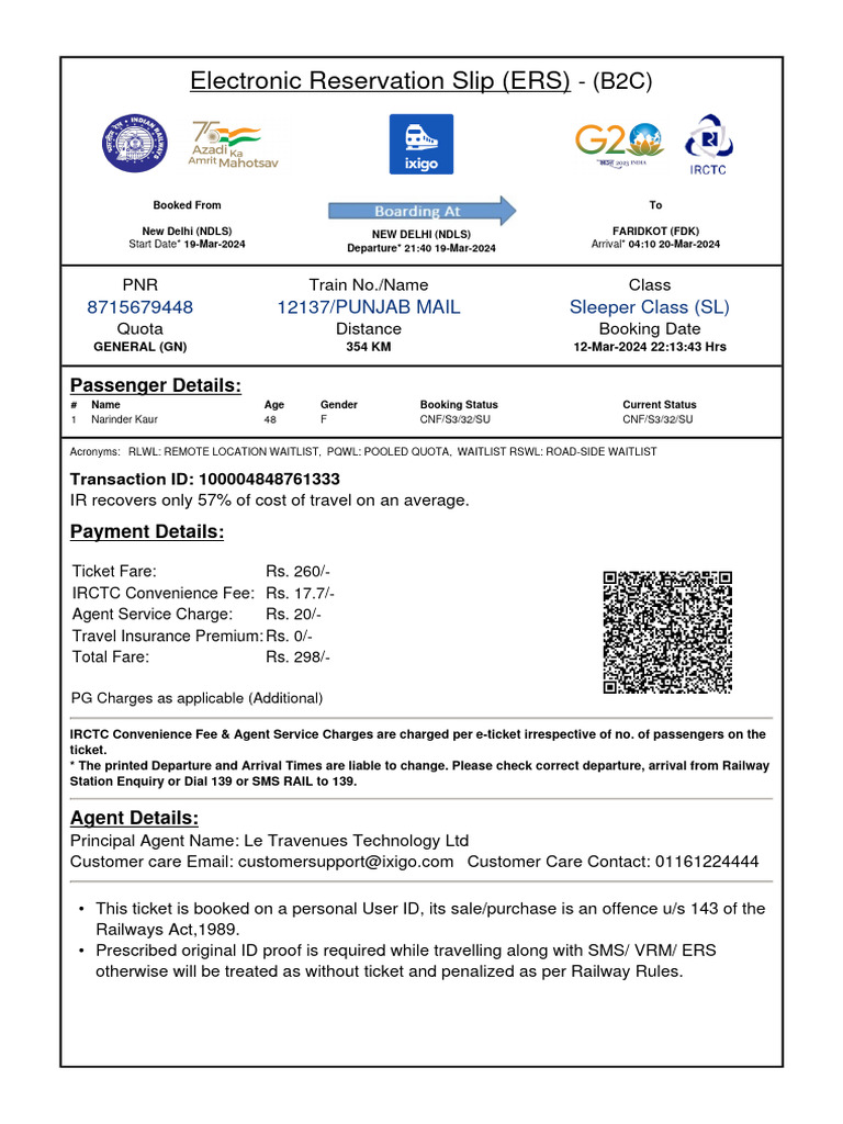 Electronic Reservation Slip for Train Ticket | PDF | Identity Document