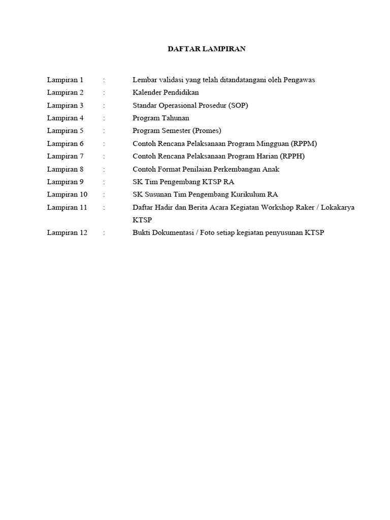 Daftar Lampiran Dokumen KTSP RA 2021 | PDF